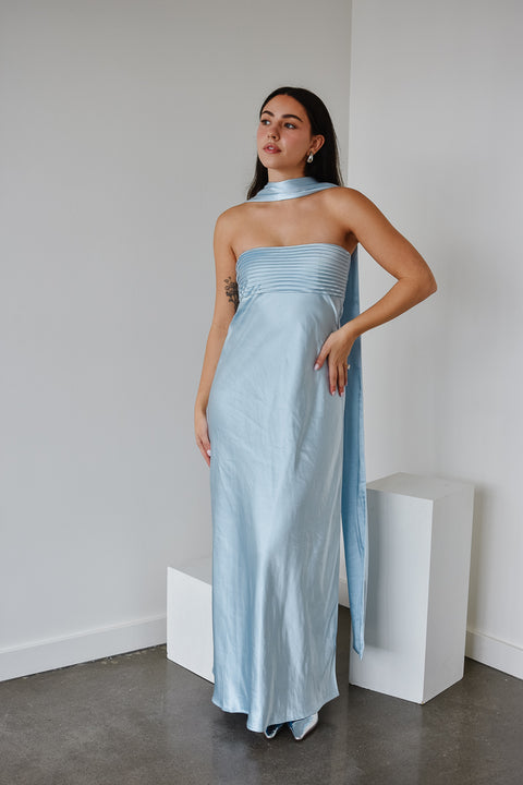 Elsa Ice Blue Maxi Dress with Neck Scarf – Confête