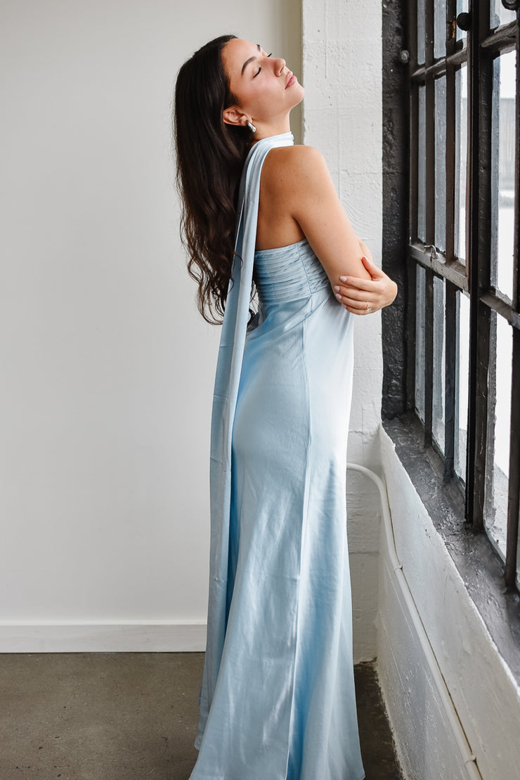 Elsa Ice Blue Maxi Dress with Neck Scarf – Confête