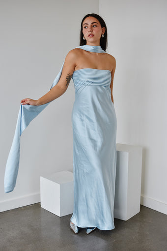 Elsa Ice Blue Maxi Dress with Neck Scarf – Confête