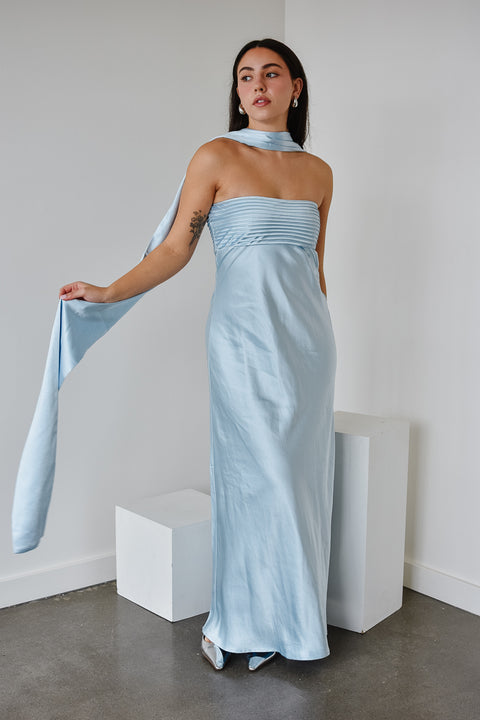 Elsa Ice Blue Maxi Dress with Neck Scarf – Confête