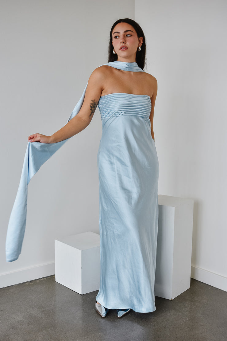 Elsa Ice Blue Maxi Dress with Neck Scarf – Confête