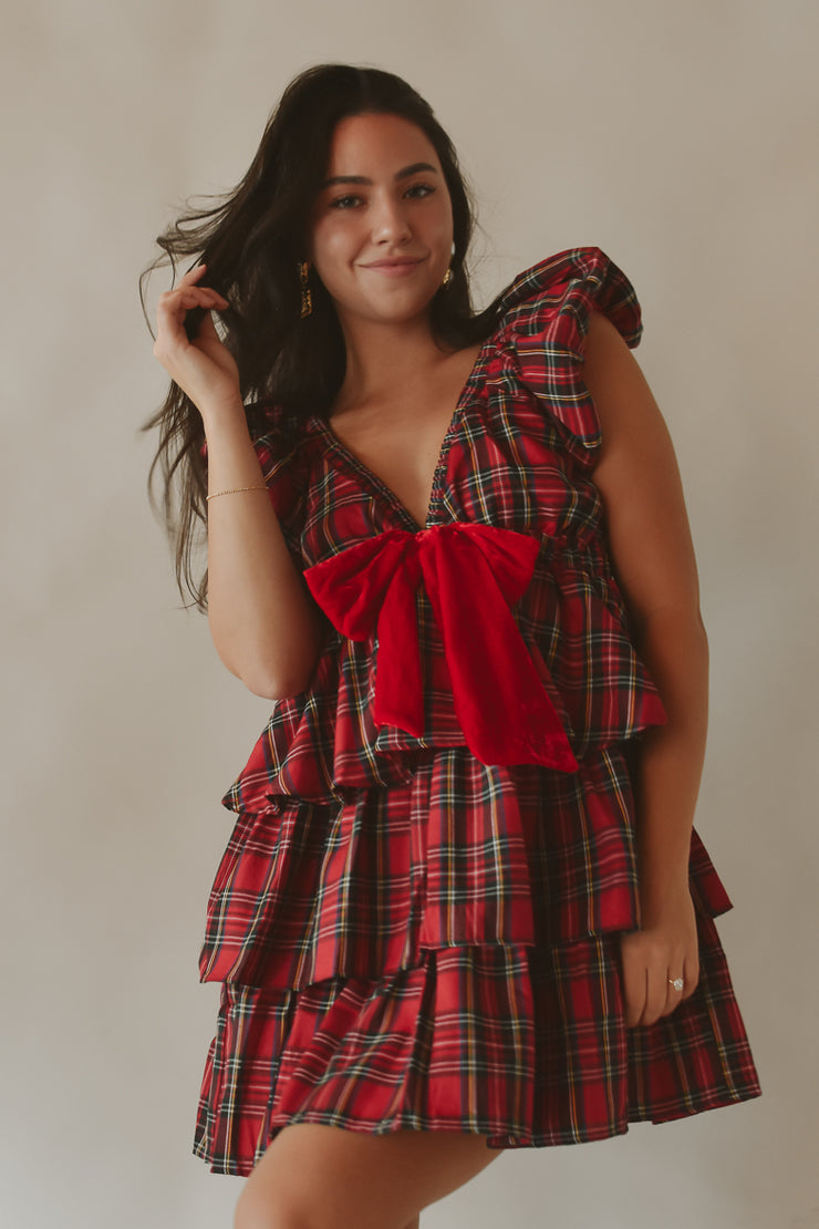 Evelyn Red Plaid Tiered Mini Dress – Confête