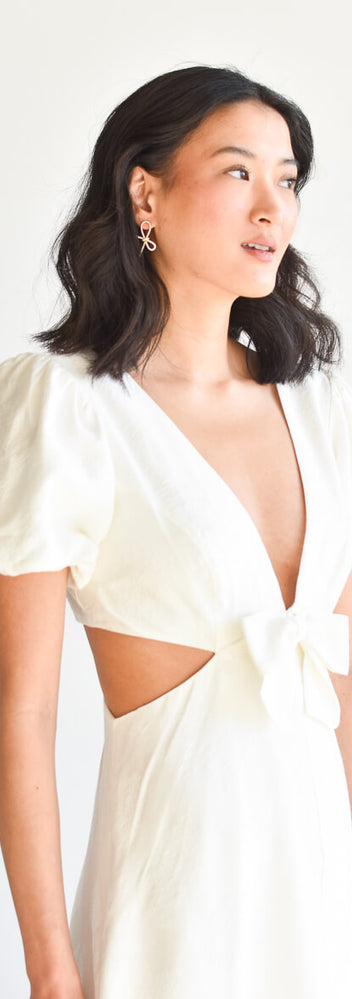 Poppy Ivory Brocade Puff Sleeve Cutout Midi Dress